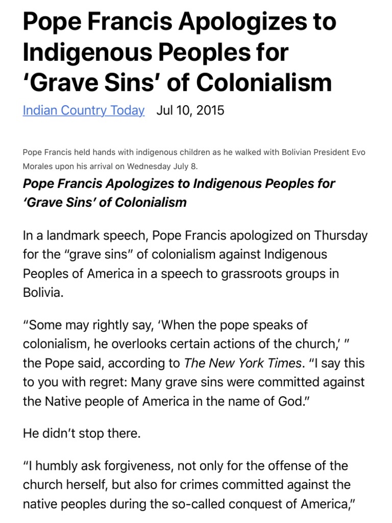 Pope Francis' Apology to Indigenous Peoples | PDF | Pope Francis | Bolivia
