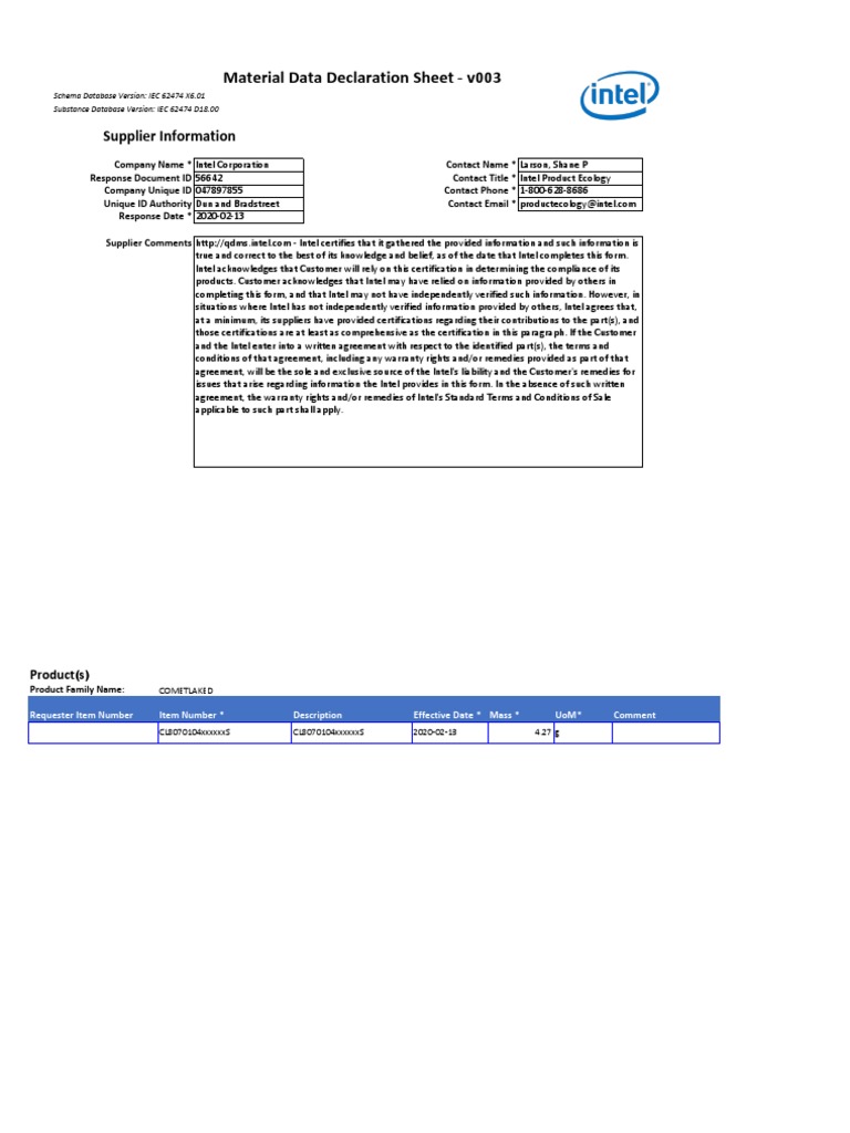 Material Data Declaration Sheet - v003: Supplier Information | PDF ...