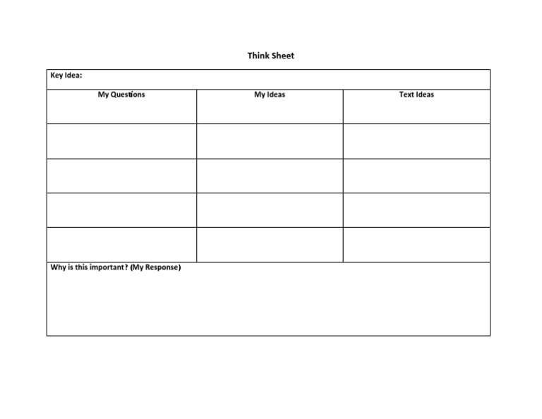 Think Sheet: Key Idea: My Questions My Ideas Text Ideas | PDF