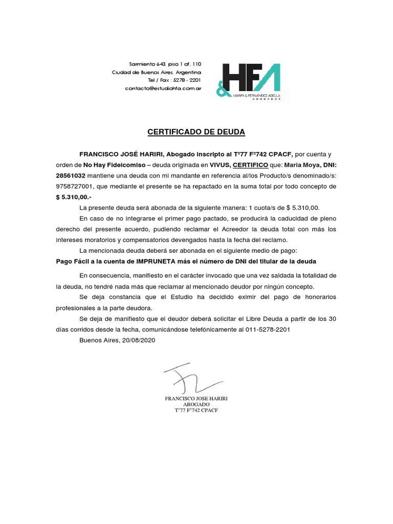 Certificado de Deuda | PDF