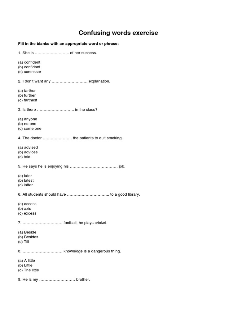 Confusing Words Exercise: Fill in The Blanks With An Appropriate Word ...