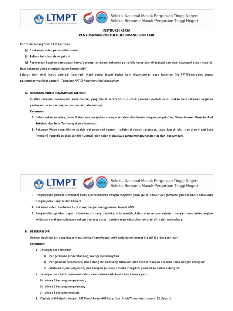 Instruksi Kerja Penyusunan Portofolio 2020 - Seni Tari PDF | PDF