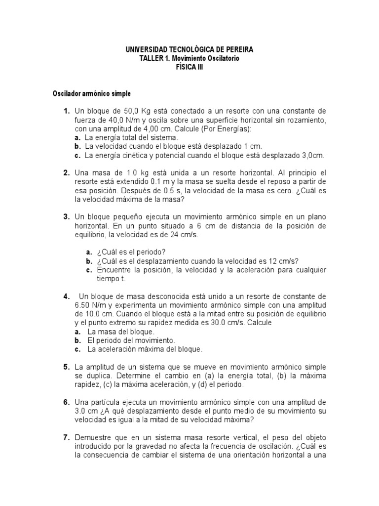 Taller 1 (Oscilaciones VARIADO) PDF | PDF | Oscilación | Masa Taller 1 (Oscilaciones VARIADO) PDF | PDF | Oscilación | Masa