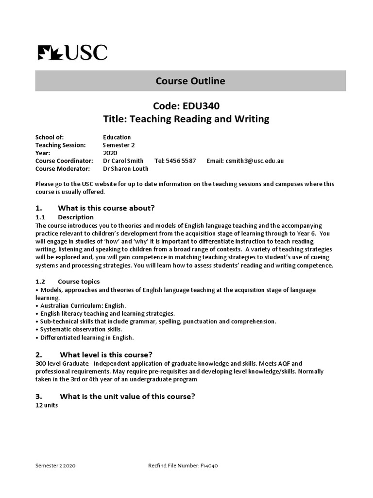 EDU340 Course Outline: Reading & Writing | PDF | Educational Assessment ...