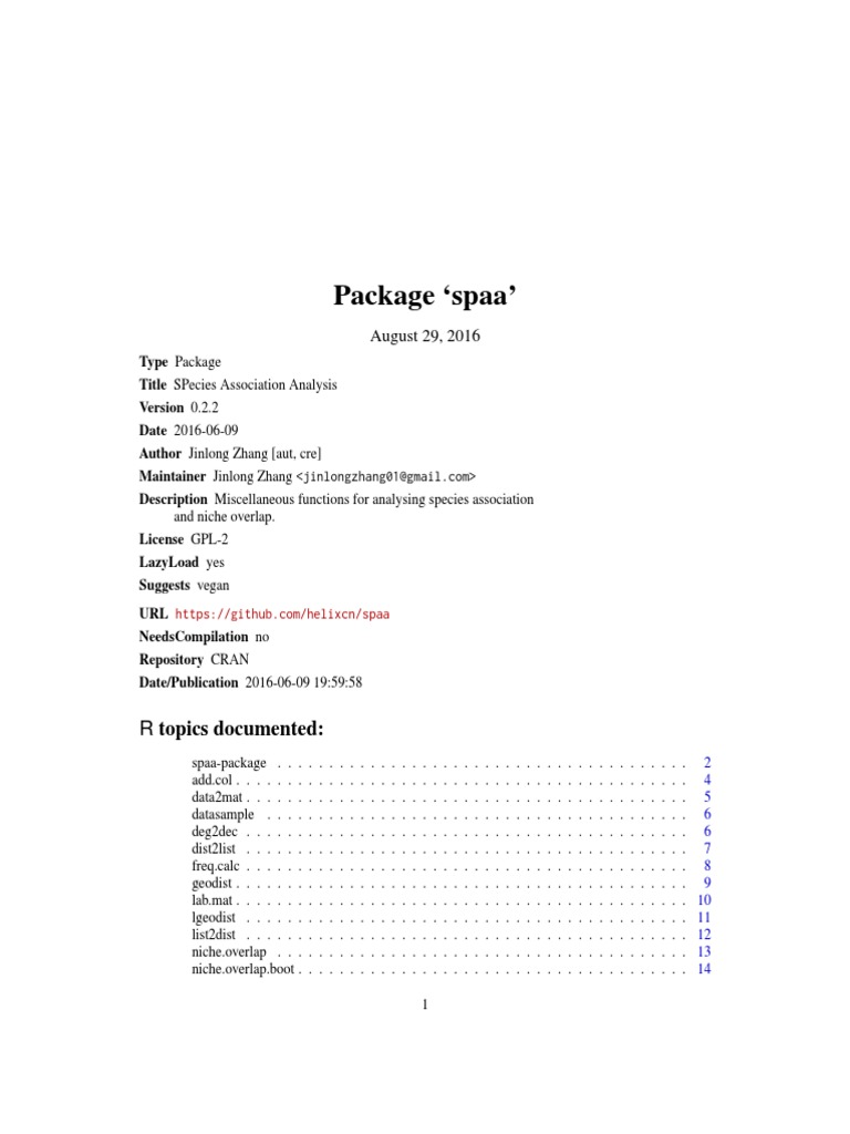 Package Spaa': R Topics Documented | PDF | Ecological Niche | Bootstrapping (Statistics)