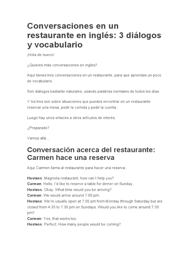 Diálogos en un Restaurante en Inglés | PDF | Restaurante y Catering