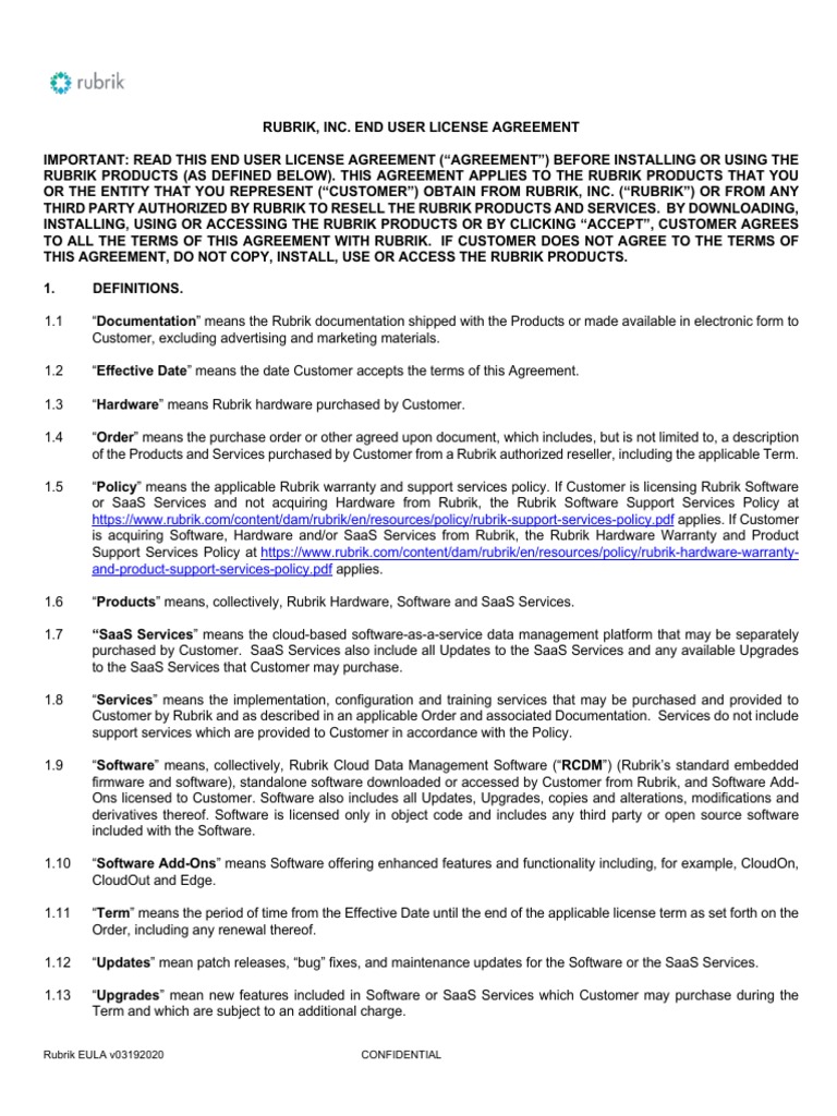 And-Product-Support-Services-Policy - PDF: Rubrik EULA v03192020 Confidential | Download Free ...