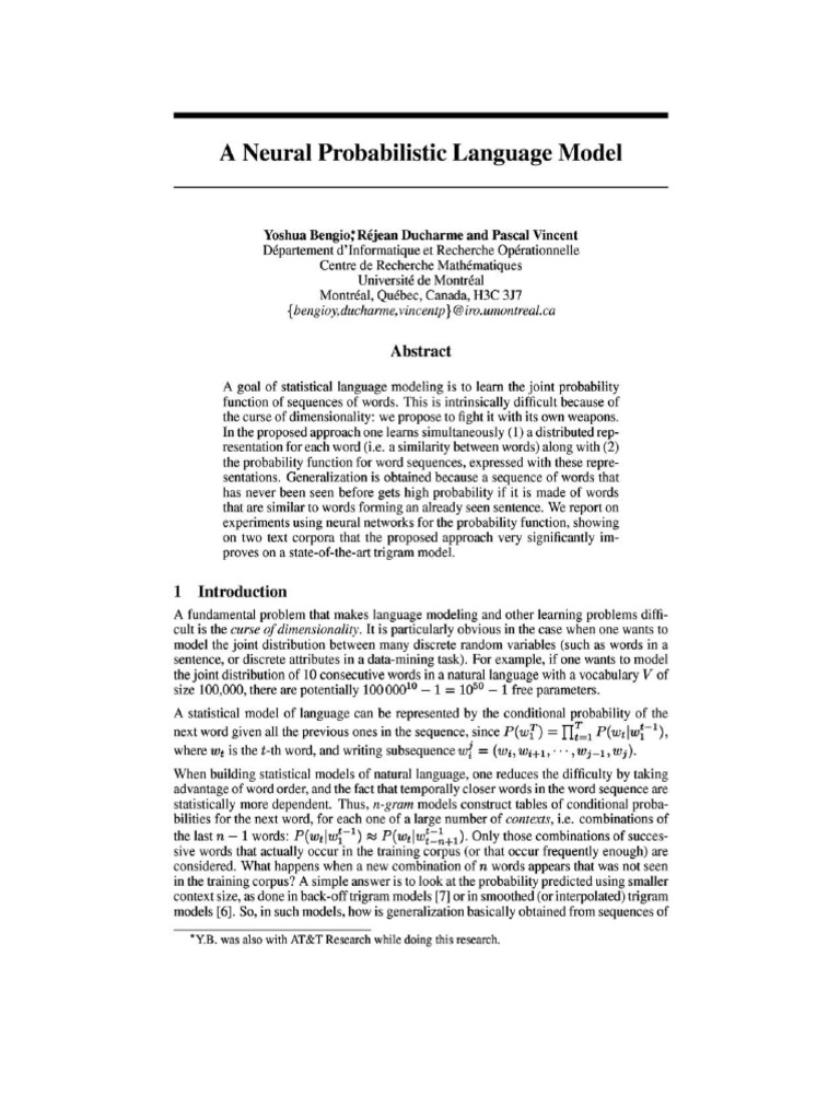 A Neural Probabilistic Language Model by Yoshua Bengio Ducharme and Vincent 2001 | PDF ...