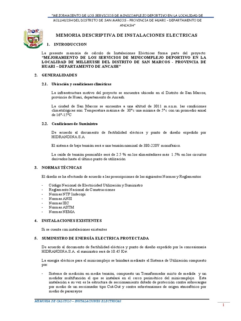 Memoria Descriptiva de Instalaciones Electricas | PDF | Corriente eléctrica | Energia electrica