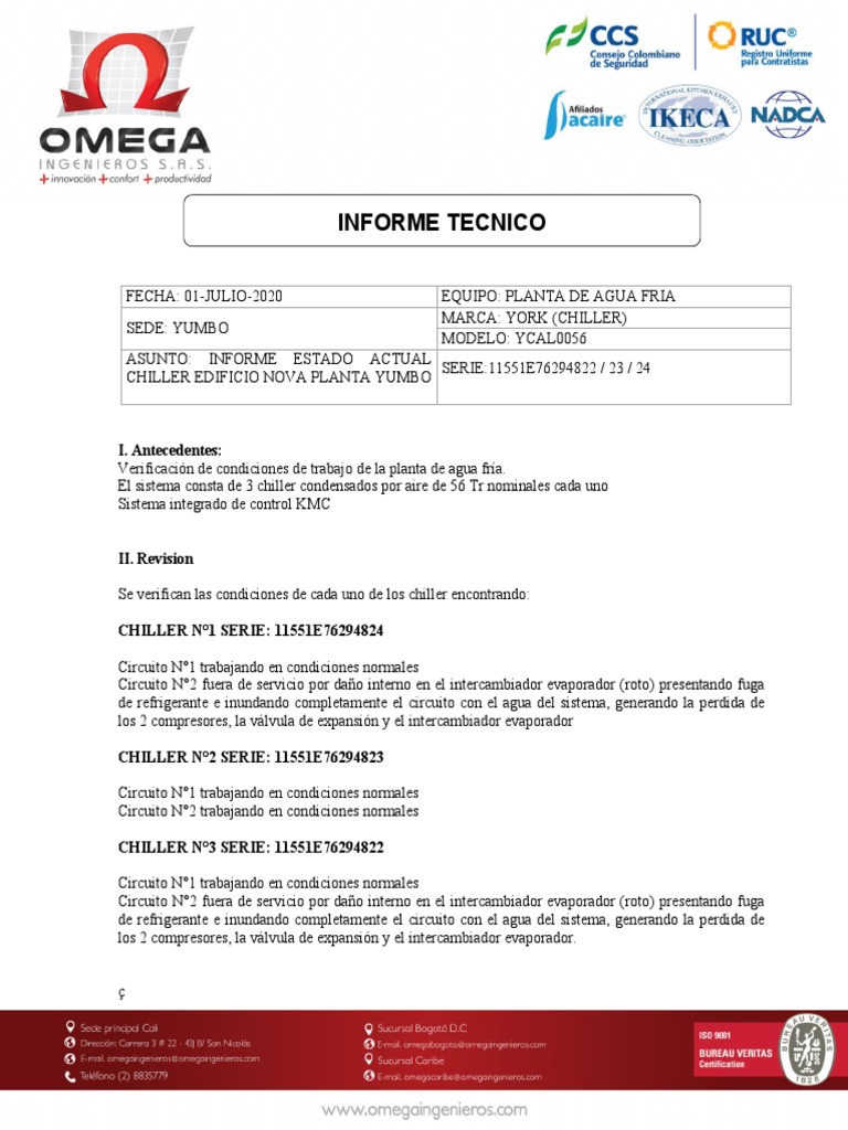 Informe Chillers Yumbo: Fallas y Soluciones | PDF | Sistema de control | Agua