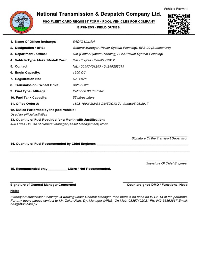 NTDC Vehicle Form-II Request for Pool Vehicle Fuel | PDF | Automotive ...