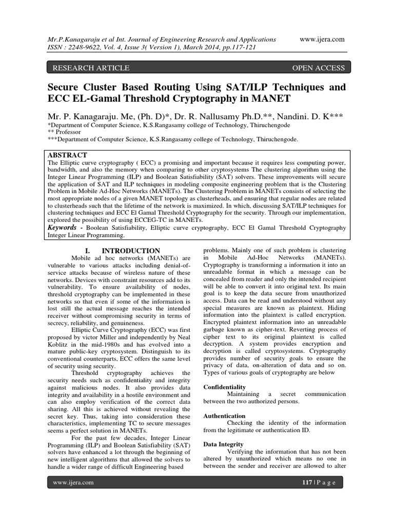 Secure Cluster Based Routing Using SAT/ILP Techniques and ECC EL-Gamal ...