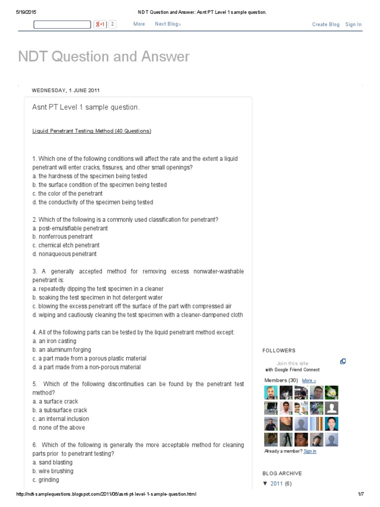 NDT Question and Answer - Asnt PT Level 1 Sample Question | PDF ...