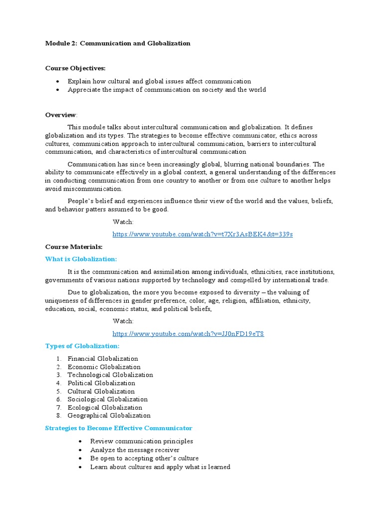 Module 2: Communication and Globalization | PDF | Cross Cultural ...