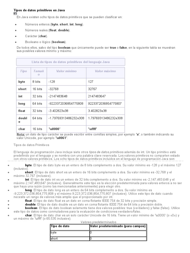 Tipos de Datos Primitivos en Java | PDF | Tipo de datos | Poco