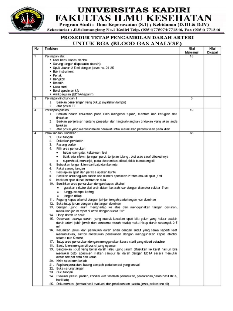 Untuk Bga (Blood Gas Analyse) : Prosedur Tetap Pengambilan Darah Arteri ...