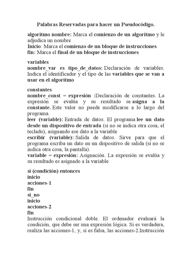 1.1 Palabras Reservadas para Hacer Un Pseudocódigo | PDF | Algoritmos | Programa de computadora