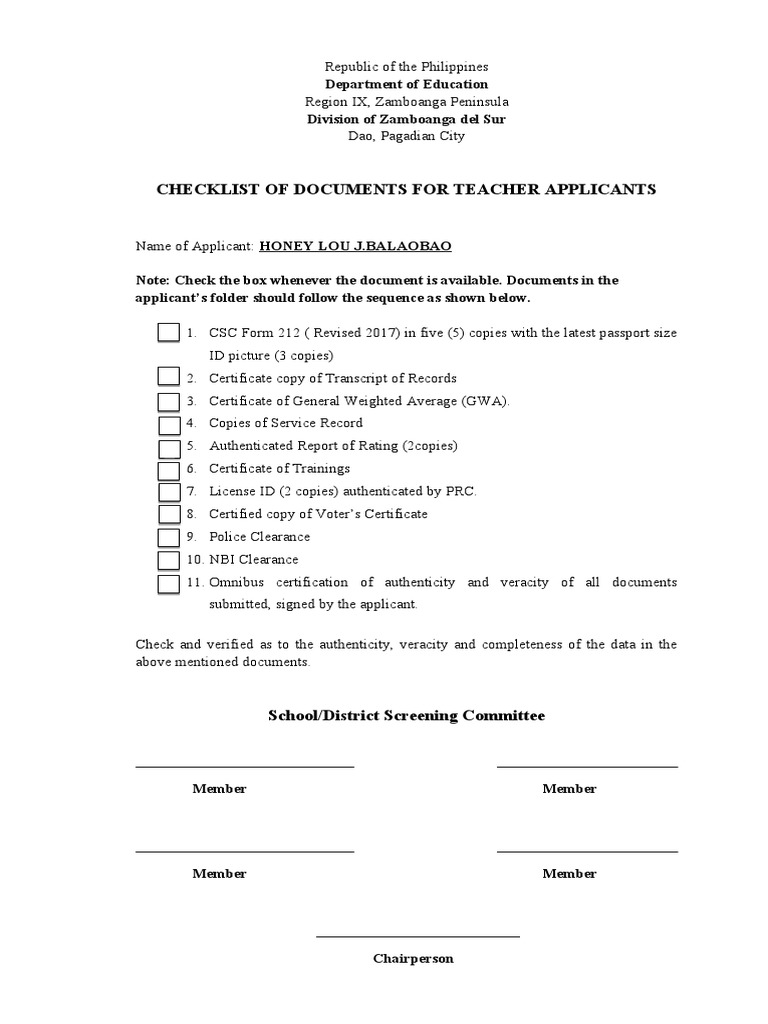 Checklist of Documents For Teacher Applicants | PDF
