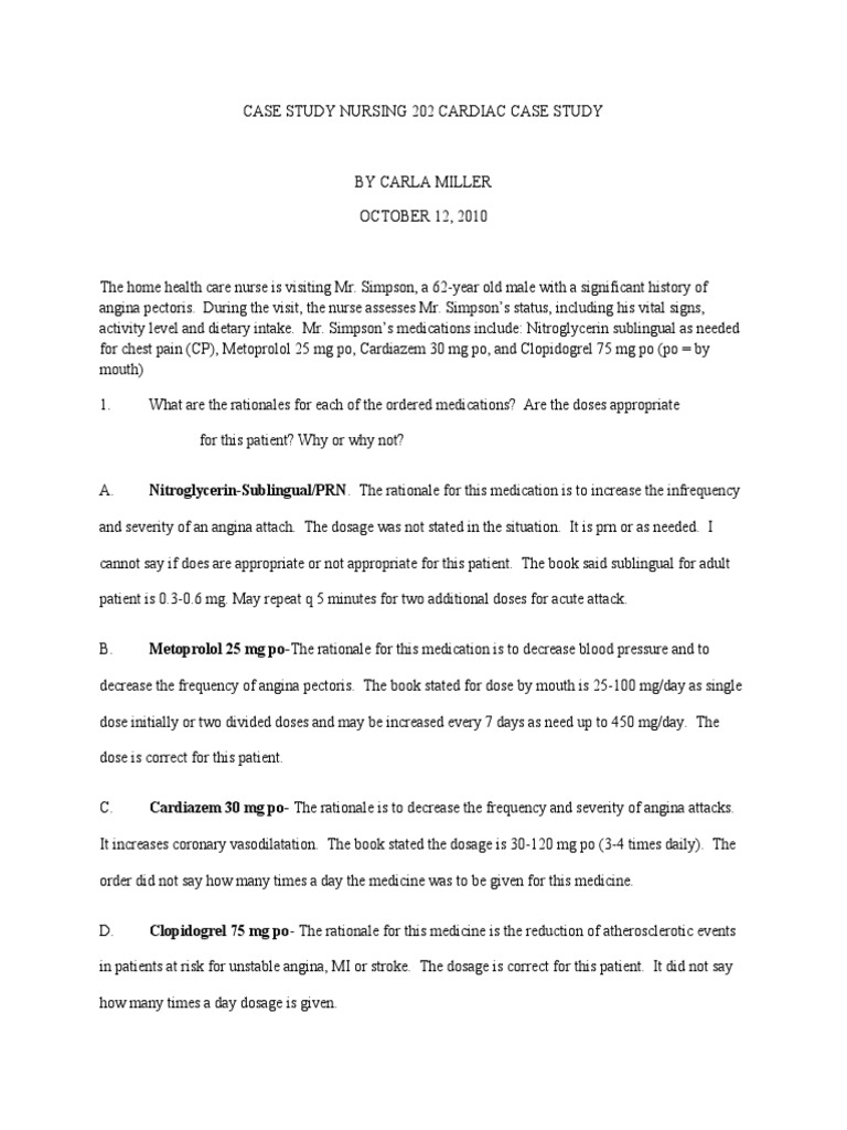 Case Study Nursing 202 Cardiac Case Study | PDF | Myocardial Infarction ...
