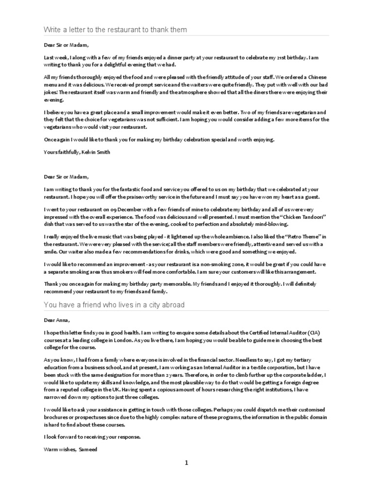 Write A Letter To The Restaurant To Thank Them | PDF | Restaurants ...