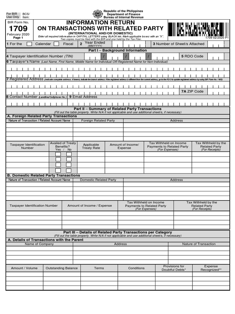 BIR Form 1709: Related Party Transactions | PDF | Taxpayer ...