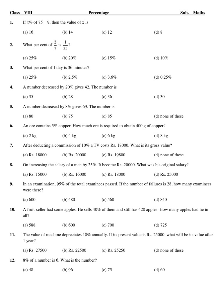 Class 8 Percentage Questions Worksheet | PDF | Percentage | Business
