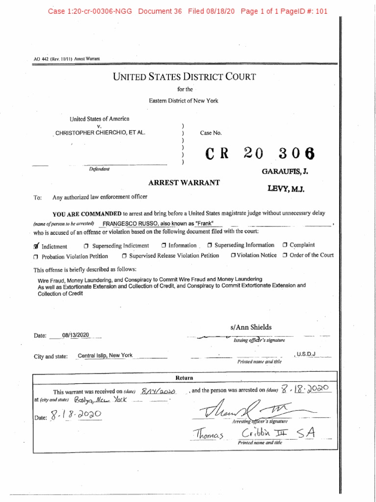 36 - USA V Christopher Chierchio - Arrest Warrant For Frangesco Russo ...