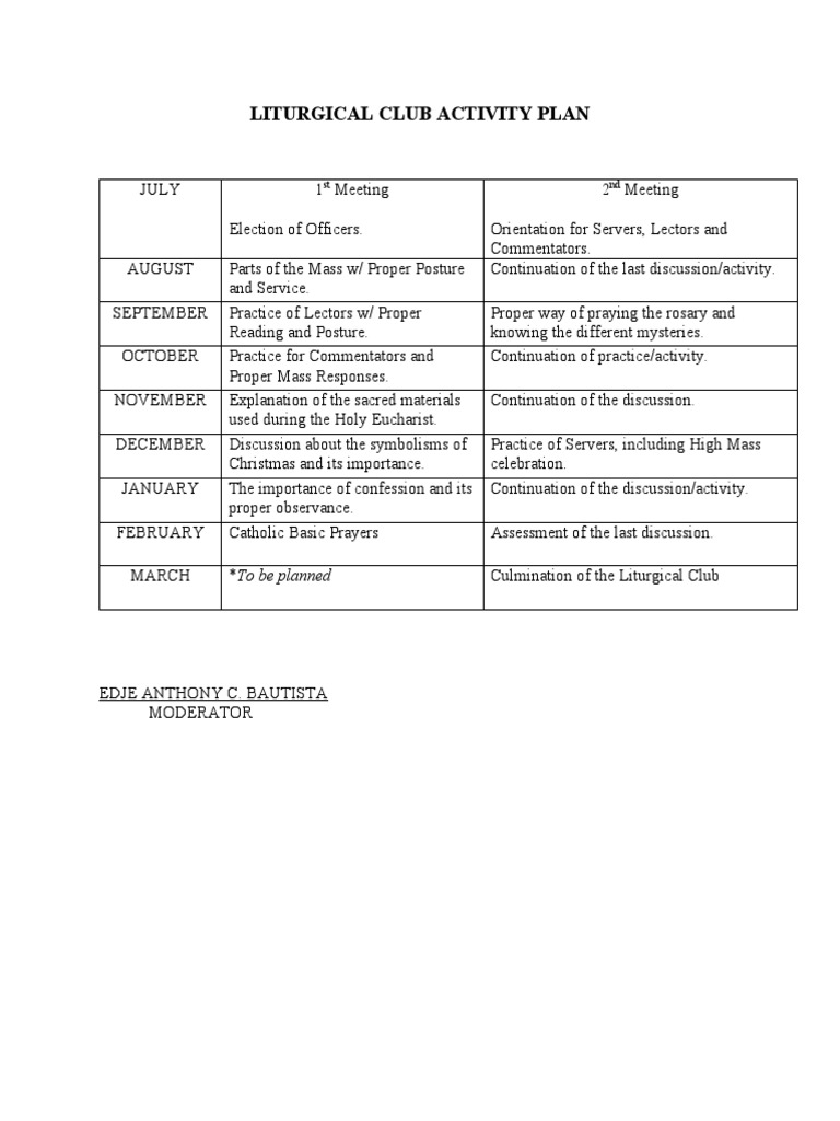 Liturgical Club Activity Plan | PDF