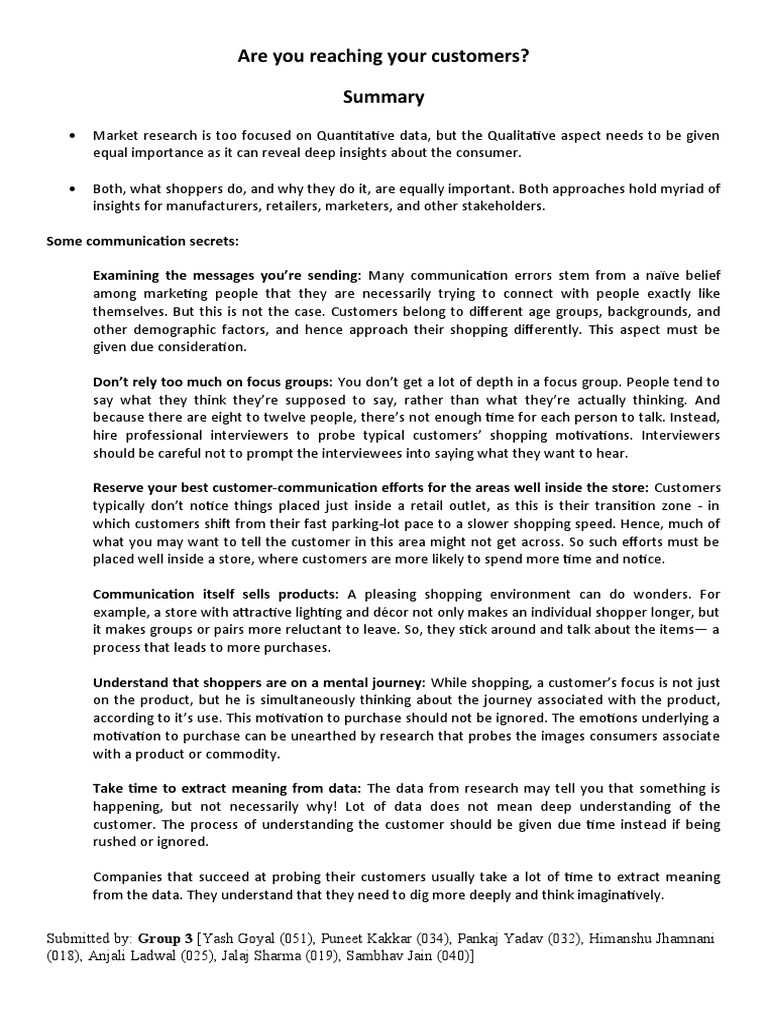 Group 03 - Are You Reaching Your Customers | PDF | Retail | Focus Group
