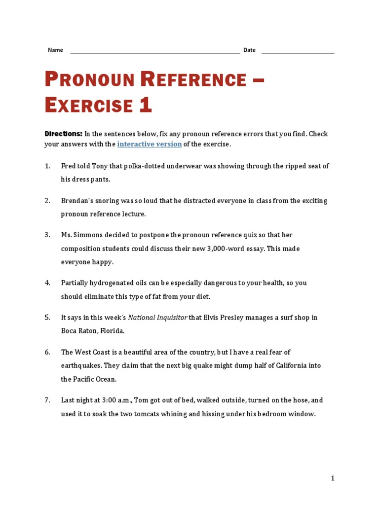 Pronoun Reference - Exercise 1 | PDF