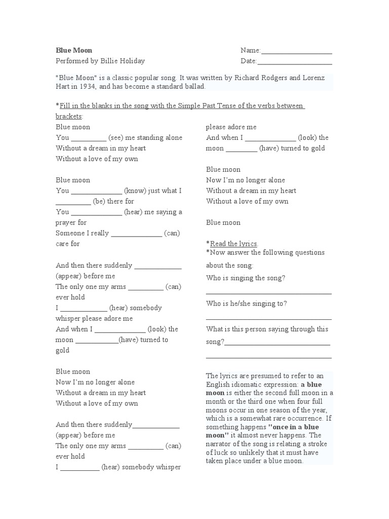 Blue Moon - Billie Holiday | Download Free PDF | Linguistic Typology ...