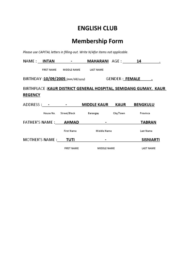 English Club Membership Form | PDF