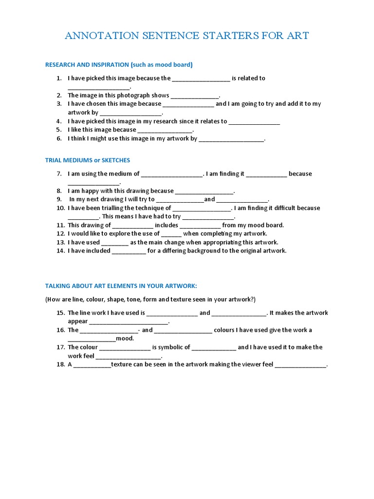 Annotation Sentence Starters For Art | PDF