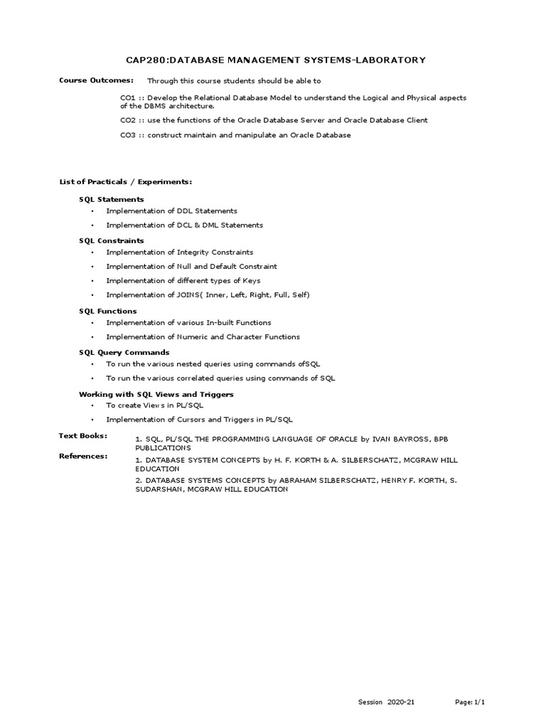 Cap280:Database Management Systems-Laboratory: Course Outcomes | PDF | Computers | Technology ...