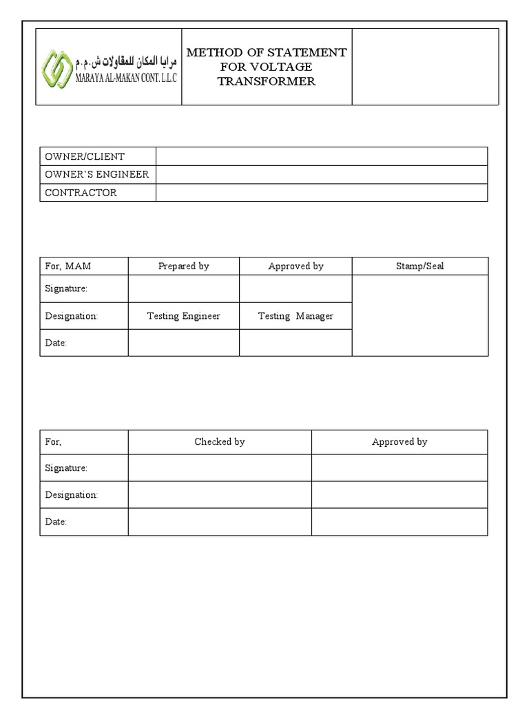 Method of Statement For Voltage Transformer: Owner/Client Owner'S ...