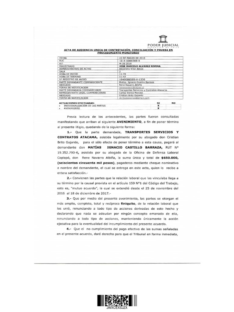 Acta Avenimiento Judicial Ejemplo | PDF