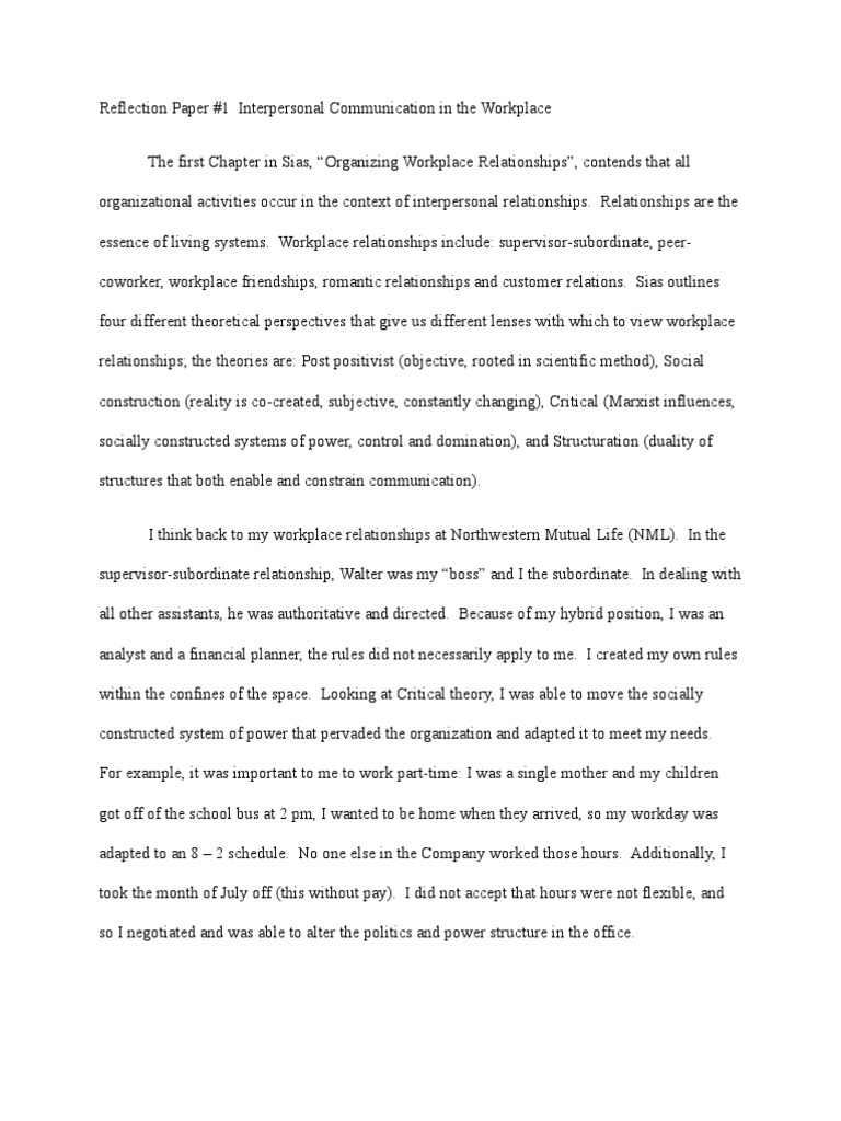 COMM 615 Reflection Paper #1 Interpersonal Relationships in The ...