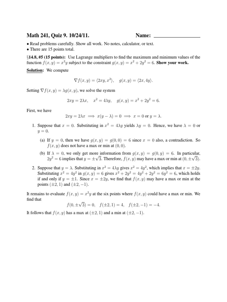 Math 241, Quiz 9. 10/24/11. Name | PDF
