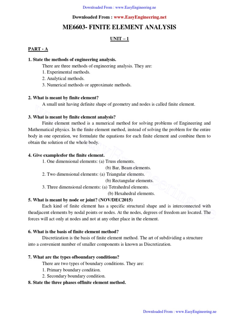 Me6603 FEA-qb | PDF | Finite Element Method | Deformation (Mechanics)