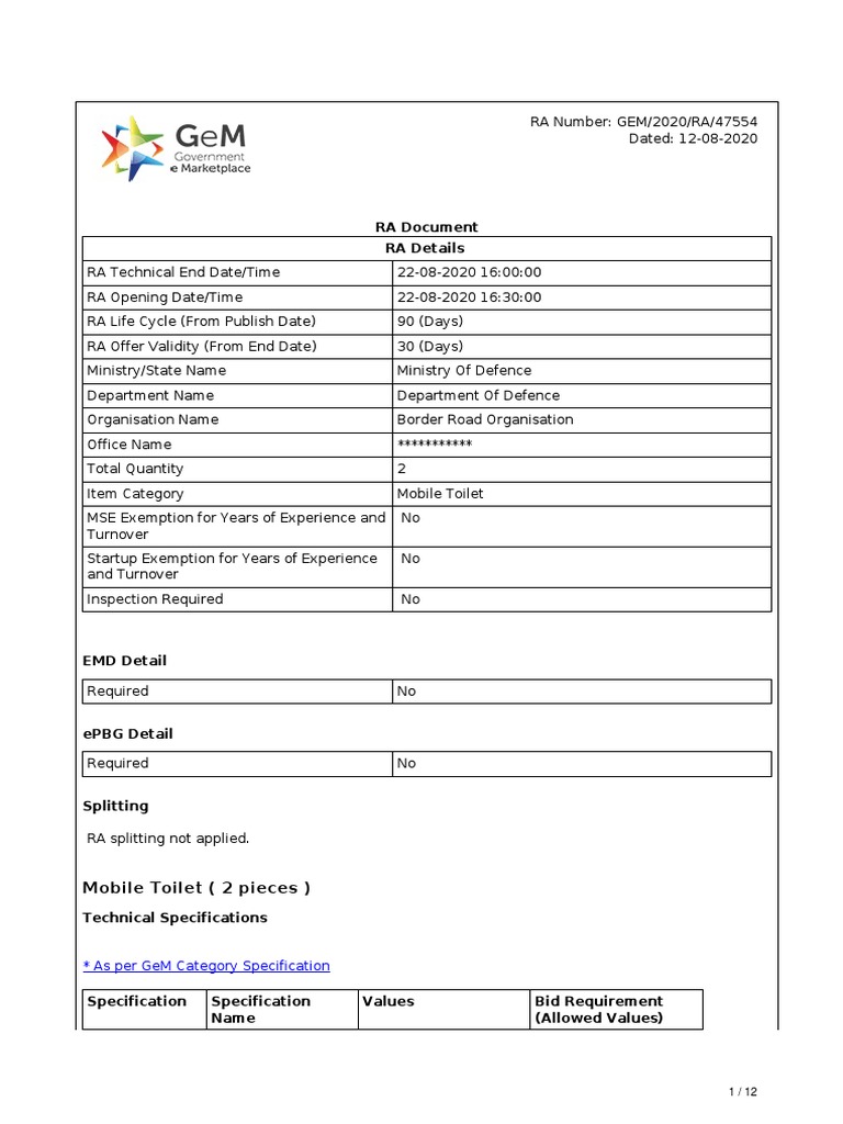 Mobile Toilet Technical Specifications and Requirements for Border Road ...