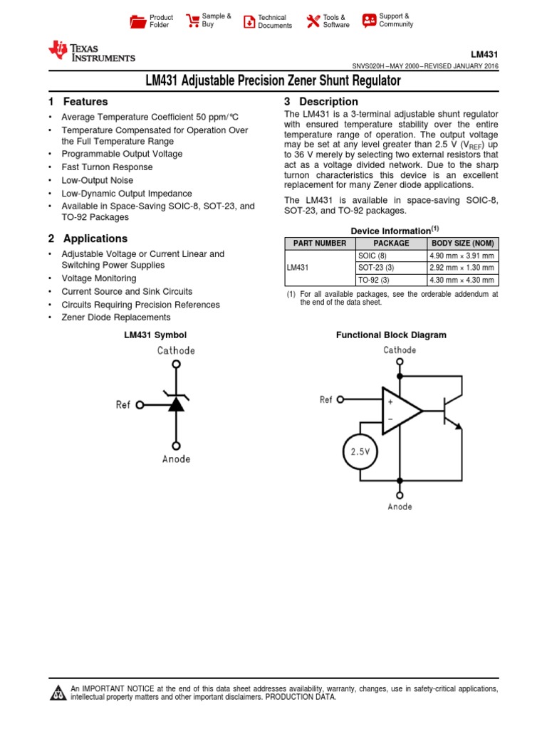 LM431 Adjustable Precision Zener Shunt Regulator: 1 Features 3 Description | PDF | Electrostatic ...