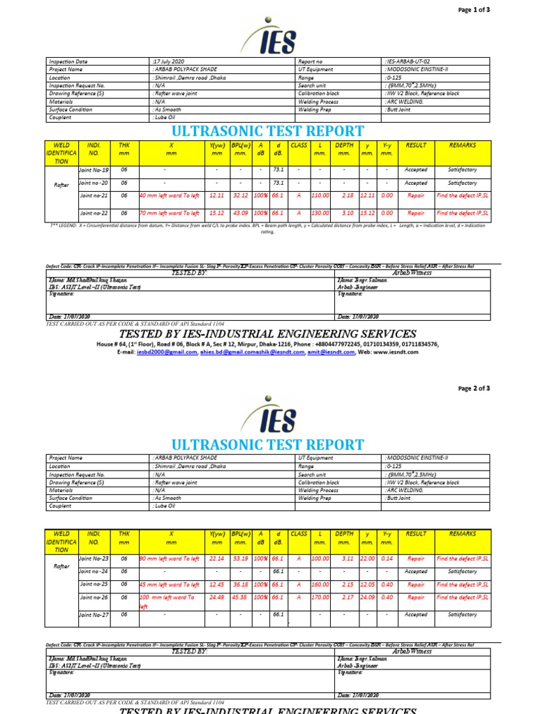 Ultrasonic Test Report: Tested by Ies-Industrial Engineering Services ...