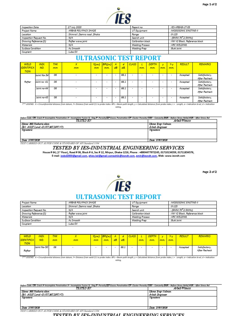 27-07-2020 Rafter Wave Joint Ut Recheck Report | PDF | Welding | Construction