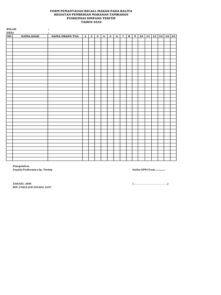 Form Pemberian PMT Balita Dan Kek | PDF