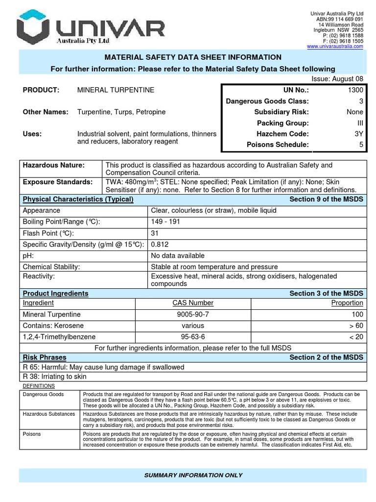 Mineral Turpentine MSDS | PDF | Dangerous Goods | Toxicity
