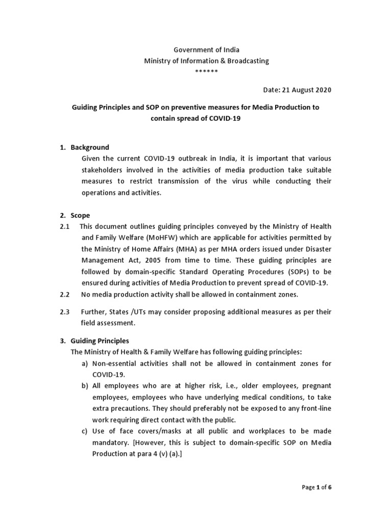 SOP On Media Production 21 Aug 2020 | PDF | Ventilation (Architecture ...