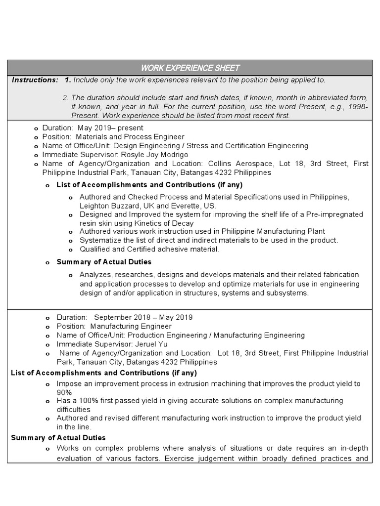 CS Form No. 212 Attachment - Work Experience Sheet | PDF | Engineer ...