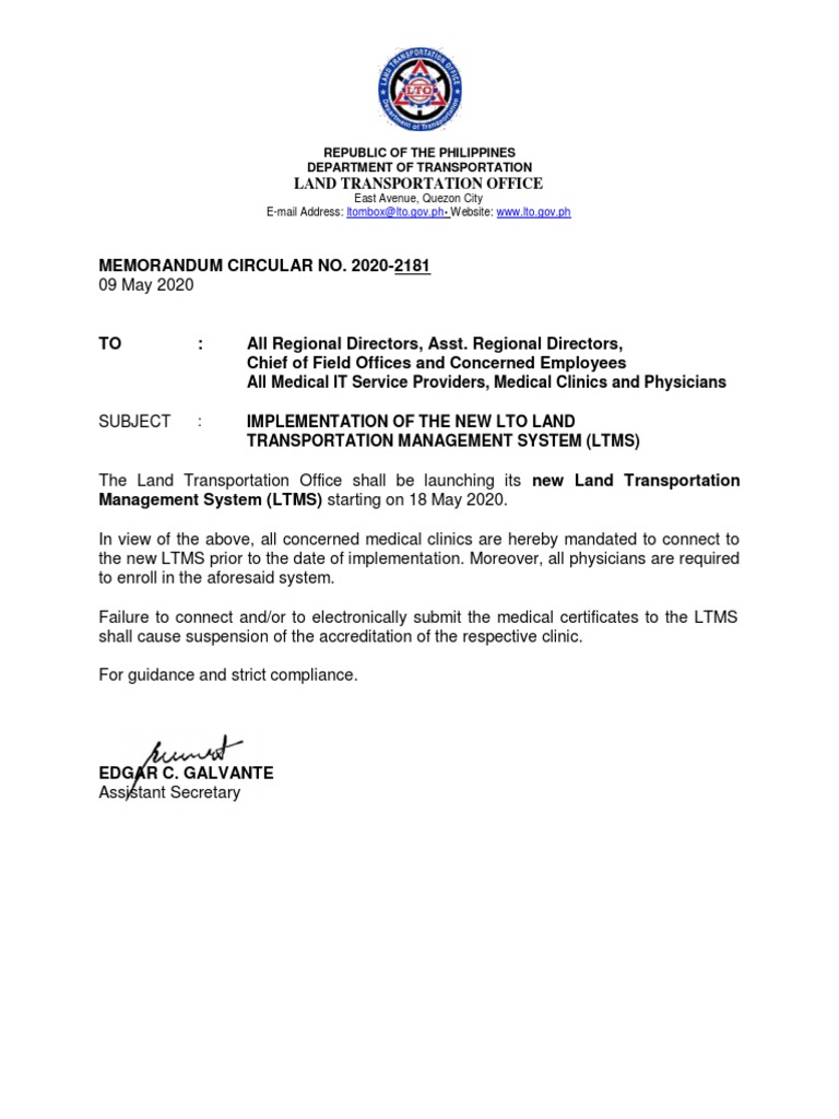 Memorandum Circular No. 2020-2181: Land Transportation Office | PDF ...