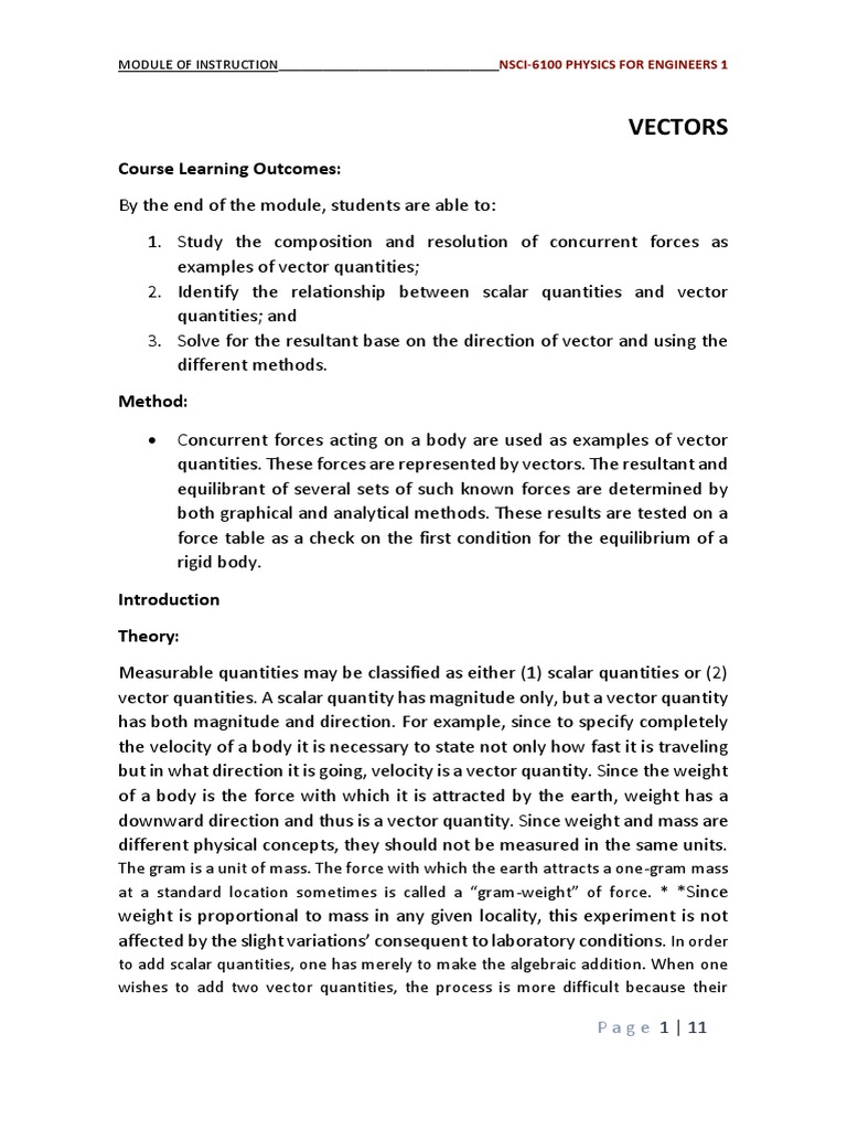 Vectors: Course Learning Outcomes | PDF | Euclidean Vector | Weight