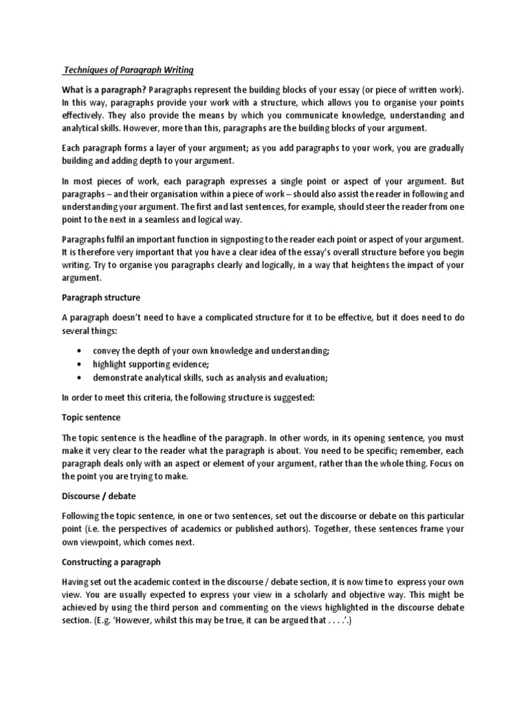 Paragraph Writing Techniques PDF | PDF | Essays | Argument